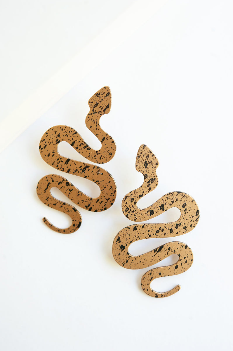 Gold Speckle Snake Earrings | Burnished Gold Metal Snakes with Black P ...